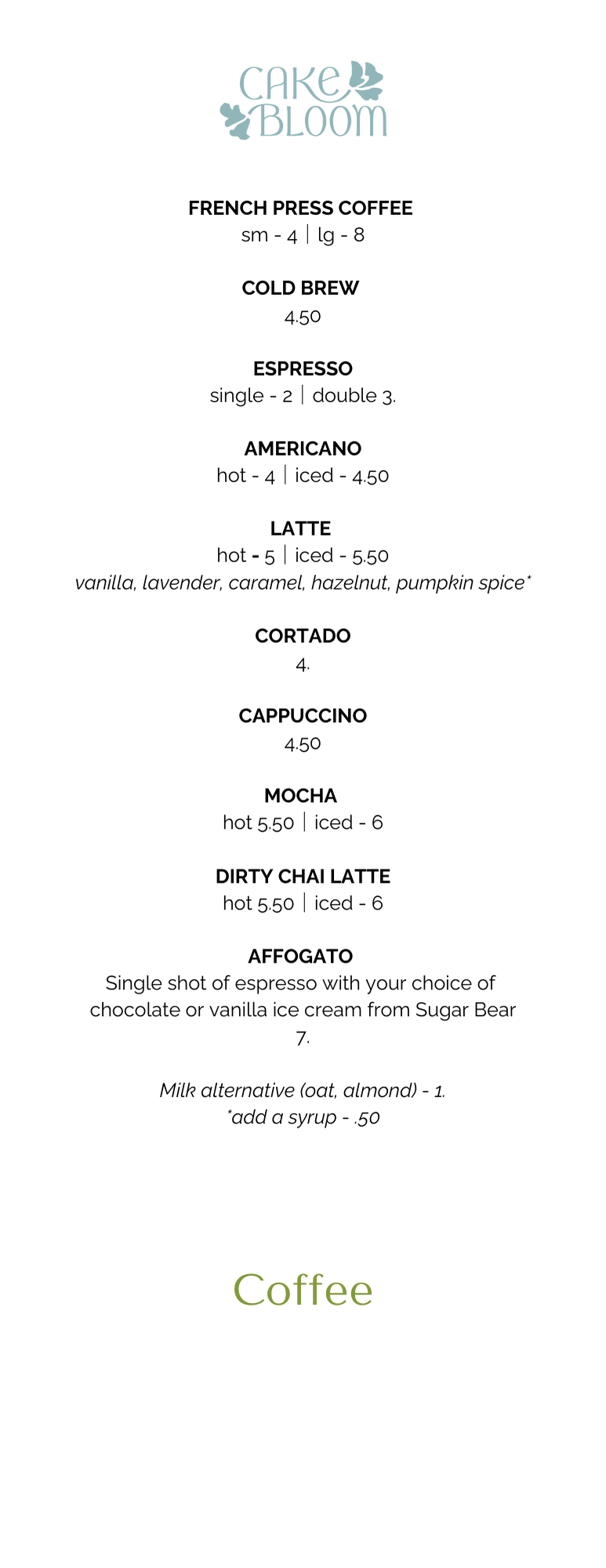Winter Coffee & Tea Menu – Cake Bloom
